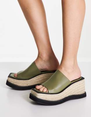 Topshop West espadrille wedge mules in khaki | ASOS