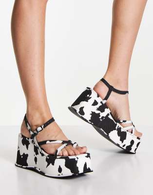 Topshop Wonder Strappy Wedge Sandals In Black And White-multi | ModeSens