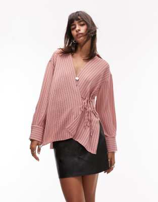 Topshop wrap front shirt in pink and black stripe | ASOS