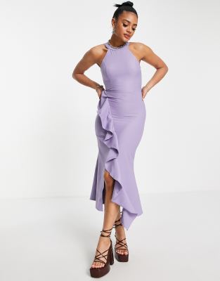 Trendyol High Neck Ruffle Midi Dress In Lilac-black | ModeSens