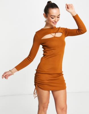 Trendyol Ruched Side Mini Dress With Cutouts In Rust-orange | ModeSens