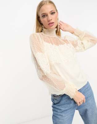 True Decadence long sleeve sheer top with lace overlay in cream | ASOS