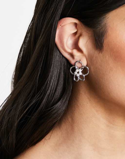 True Decadence pearl embellished petal stud earrings in silver | ASOS