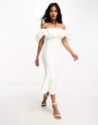 True Violet bardot midi pencil dress with pep hem in ivory | ASOS