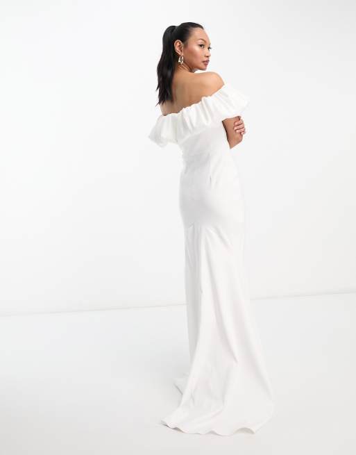 True Violet Bridal bardot fishtail maxi dress in ivory | ASOS