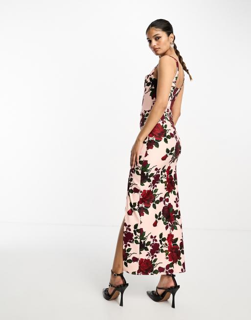 True Violet corset midi dress in red rose print | ASOS