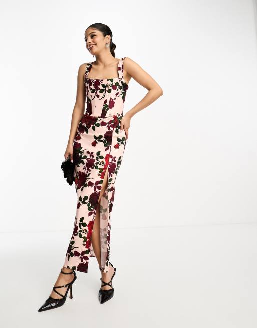 True Violet corset midi dress in red rose print | ASOS