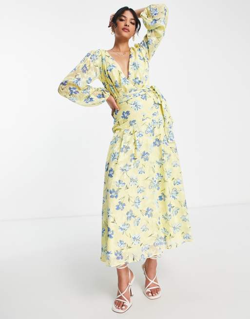 True Violet long sleeve wrap dress in yellow floral | ASOS