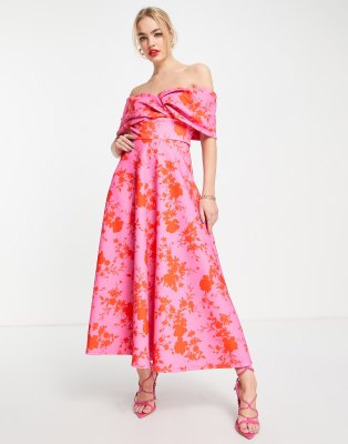 True Violet off shoulder prom midi dress in pink and red floral | ASOS