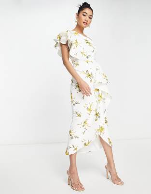 True Violet one shoulder midi dress in ochre floral | ASOS