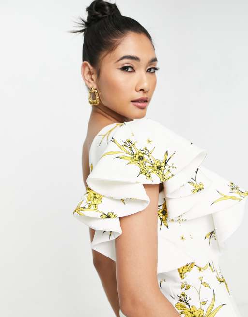 True Violet one shoulder midi dress in ochre floral | ASOS