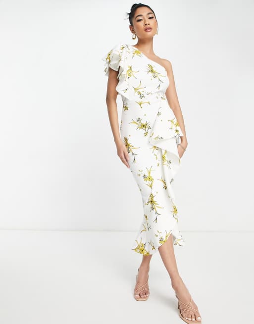 True Violet one shoulder midi dress in ochre floral | ASOS
