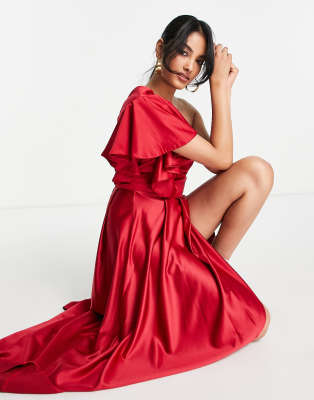True Violet one shoulder satin dress in red | ASOS