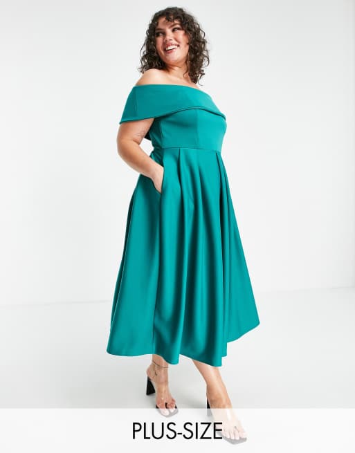 True Violet Plus folded bardot midaxi dress in emerald green | ASOS
