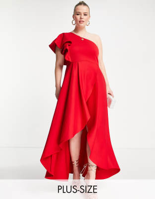 True Violet Plus frill one shoulder high low prom maxi dress in red | ASOS