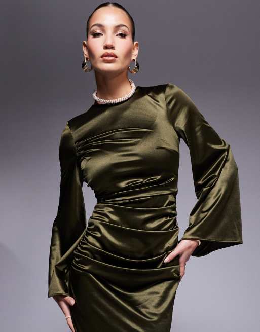 True Violet satin angel sleeve maxi dress in khaki | ASOS