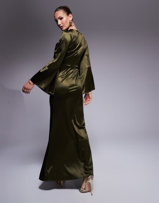 True Violet satin angel sleeve maxi dress in khaki | ASOS