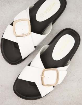 Truffle Collection buckle flat sandals in white | ASOS