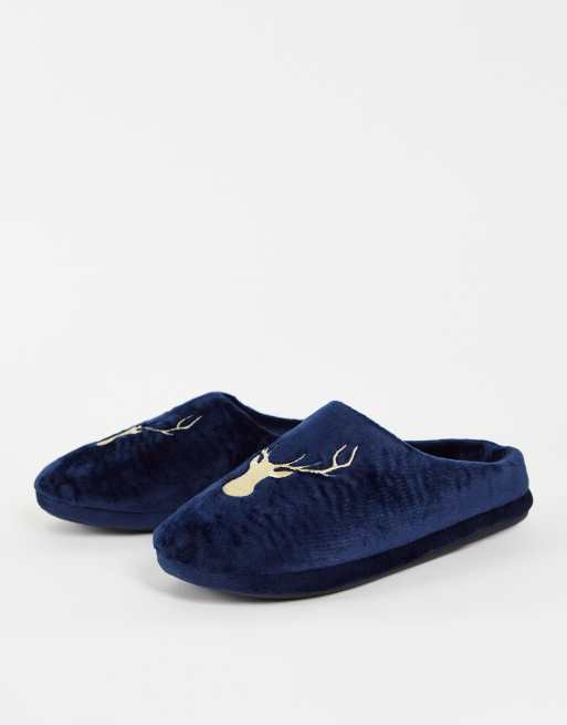 Truffle Collection Chaussons Style Mules Avec Cerf Brodé Bleu