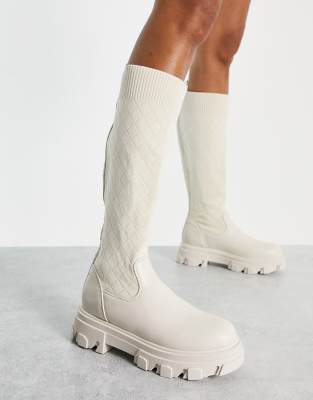 Truffle Collection knitted sock knee boots in cream | ASOS