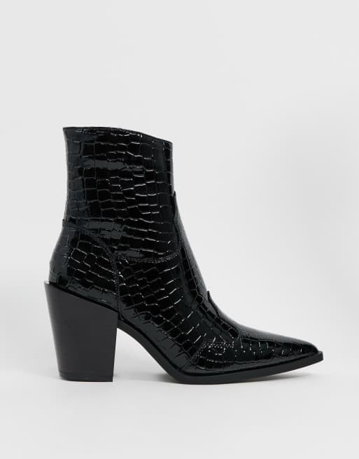 Truffle Collection Mid Heeled Western Boots In Black Croc Asos