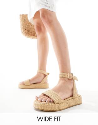 Truffle Collection Wide Fit raffia ankle strap sandals in natural | ASOS