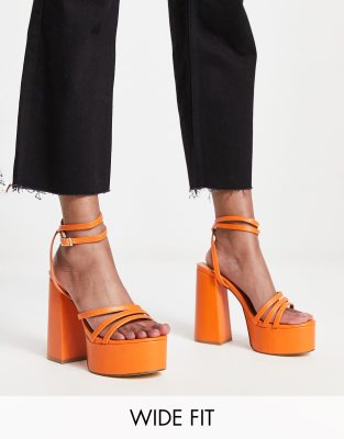 Truffle Collection Wide Fit strappy platform sandals in orange | ASOS