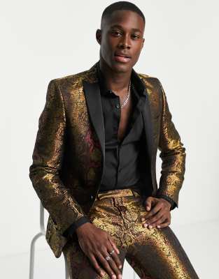 Twisted Tailor Navarrette Skinny Suit Jacket In Burgundy With Gold ...