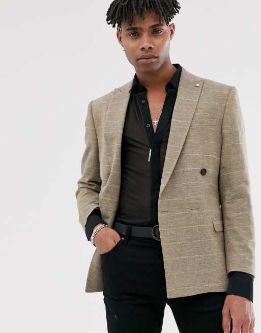 Twisted Tailor Slim Box Fit Double Breasted Blazer In Stone Windowpane