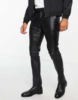 Twisted Tailor smart pants in black with tonal geometric flocking | ASOS