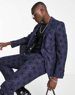 Twisted Tailor suit jacket in navy with eye print flocking | ASOS