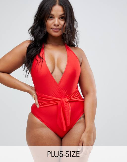 Unique21 Hero Deep Plunge Halterneck Belted Swimsuit Asos