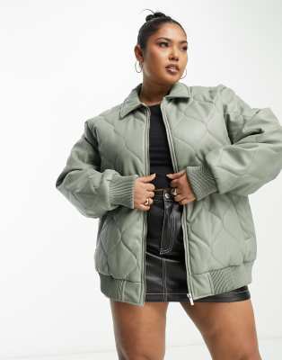 Urban Code Plus faux leather bomber jacket with diamond quilt in sage ...