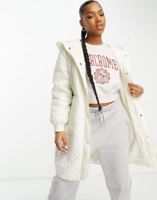 Urban Revivo long hooded padded coat in white | ASOS