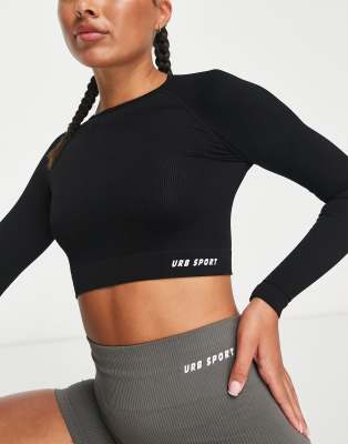 Urban Threads - Crop top de sport manches longues sans coutures - Noir | ASOS