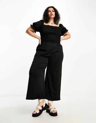 Urban Threads Plus shirred puff sleeve jumpsuit in black | ASOS