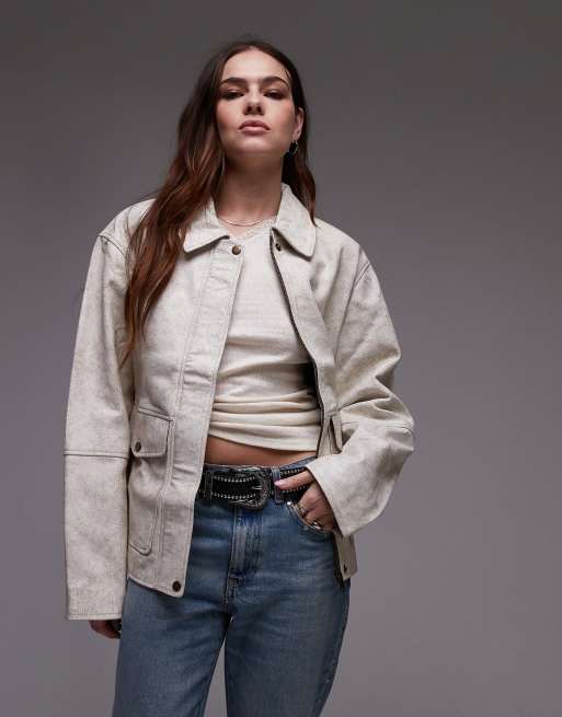 Urbancode cracked leather patch pocket harrington jacket in white | ASOS