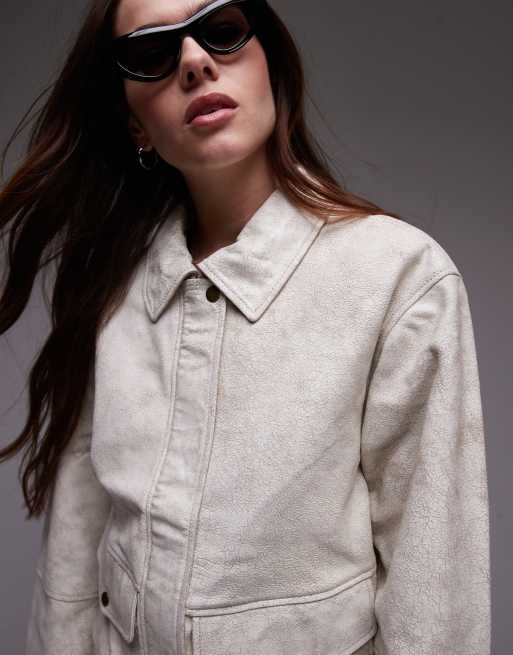 Urbancode cracked leather patch pocket harrington jacket in white | ASOS
