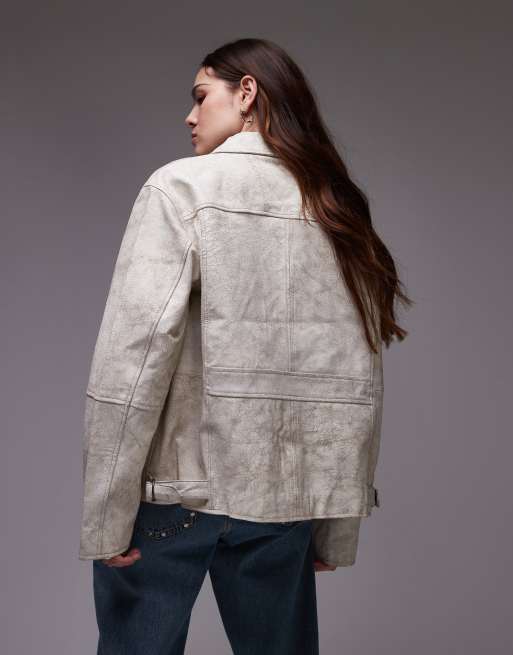 Urbancode cracked leather patch pocket harrington jacket in white | ASOS
