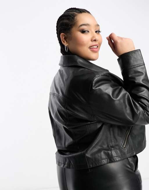 Urbancode Curve real leather biker jacket in black | ASOS