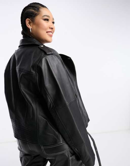 Urbancode curve real leather biker jacket with belt in black | ASOS