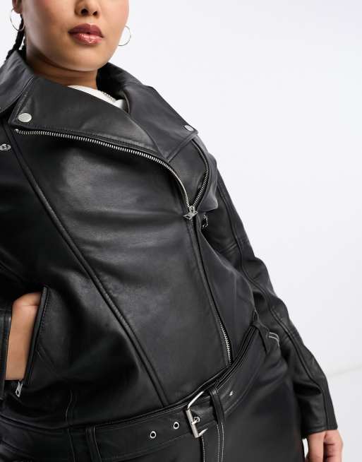 Urbancode curve real leather biker jacket with belt in black | ASOS