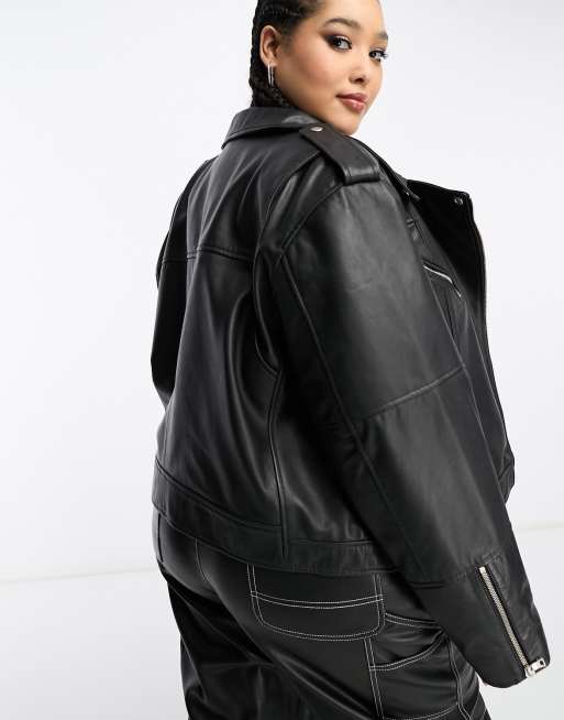 Urbancode Curve real leather oversized biker jacket in black | ASOS