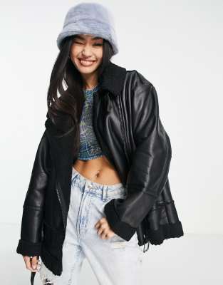 Urbancode faux leather aviator biker jacket with faux fur | ASOS