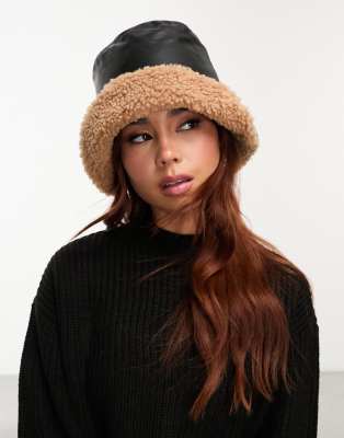Urbancode reversible borg faux leather bucket hat in black | ASOS