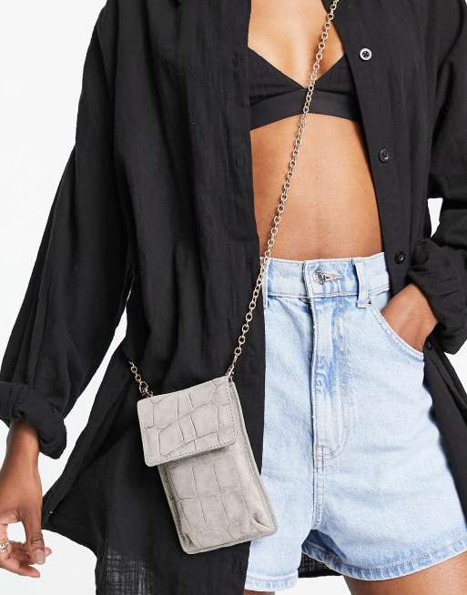 Urbancode suede croc small chain strap crossbody bag in grey | ASOS