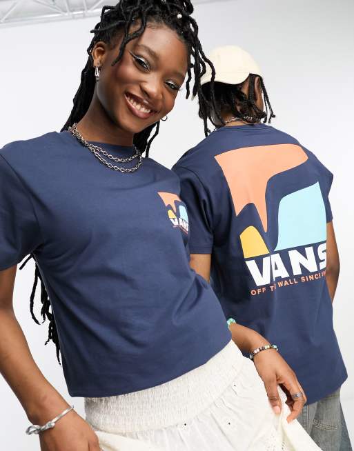Vans unisex Swoop V back print t-shirt in navy | ASOS