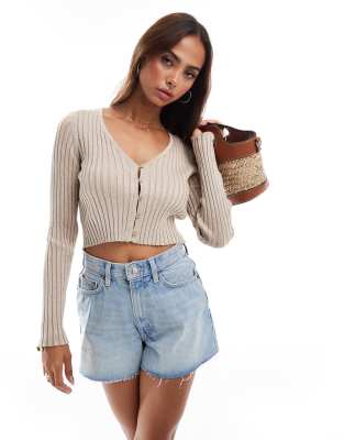 Vero Moda button front glitter fleck long sleeved top in beige | ASOS