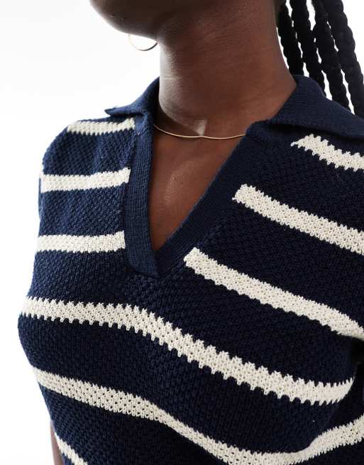 Vero Moda cotton knit striped polo top in navy | ASOS