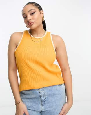 Vero Moda Curve ribbed knit racer neck tank top in orange with cream ...